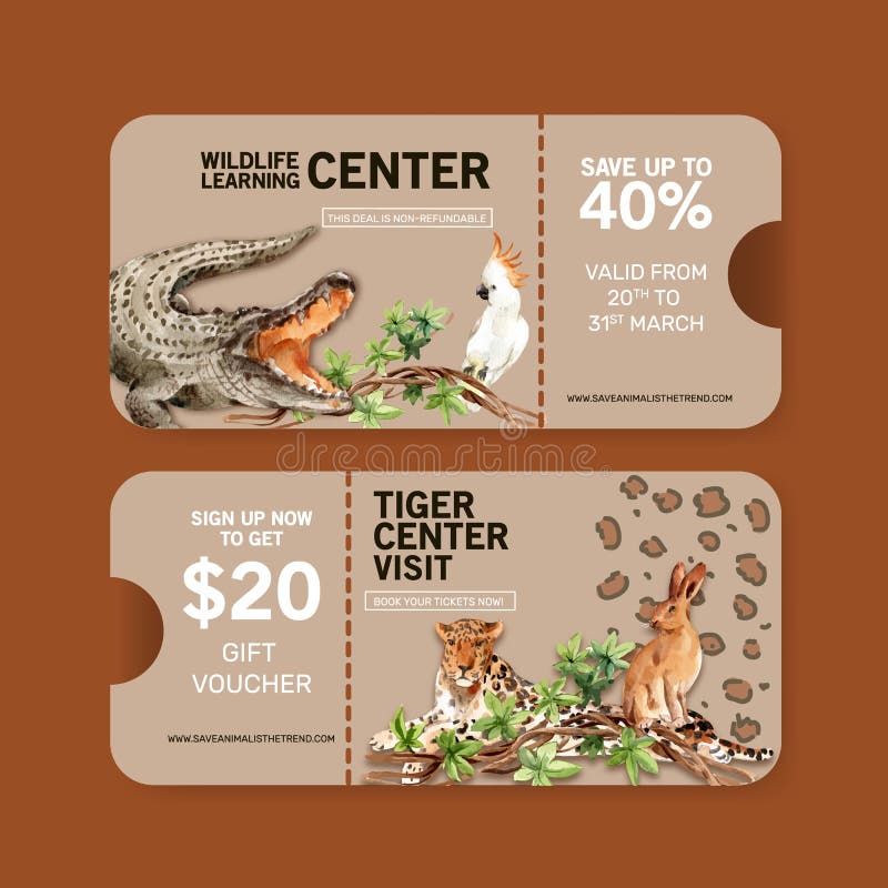 Zoo Ticket Design with Crocodile, Leopard, Rabbit Watercolor ...