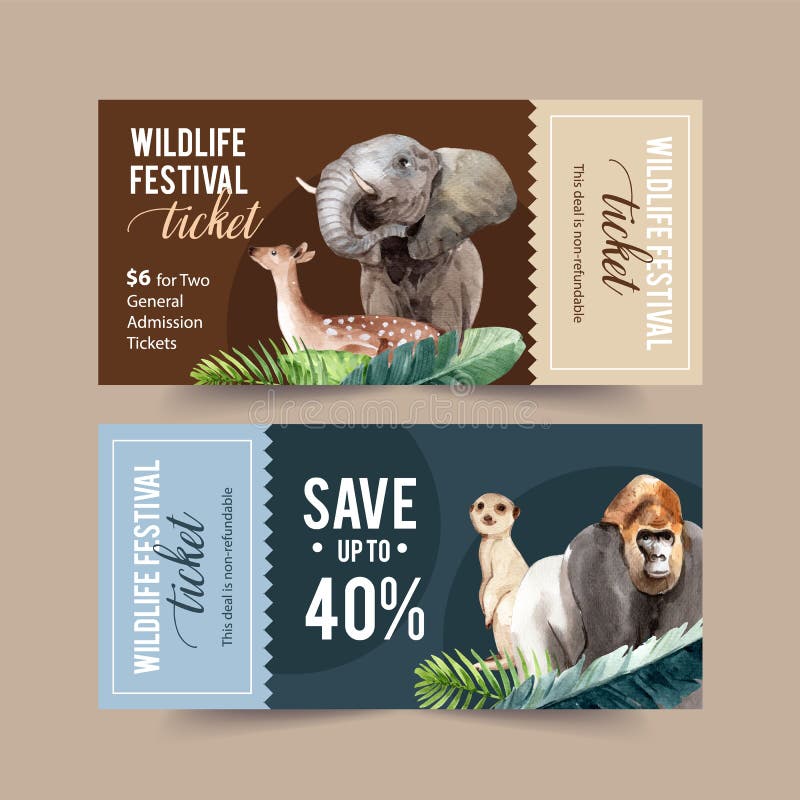 Zoo Ticket Design with Elephant, Deer, Monkey Watercolor Illustration ...