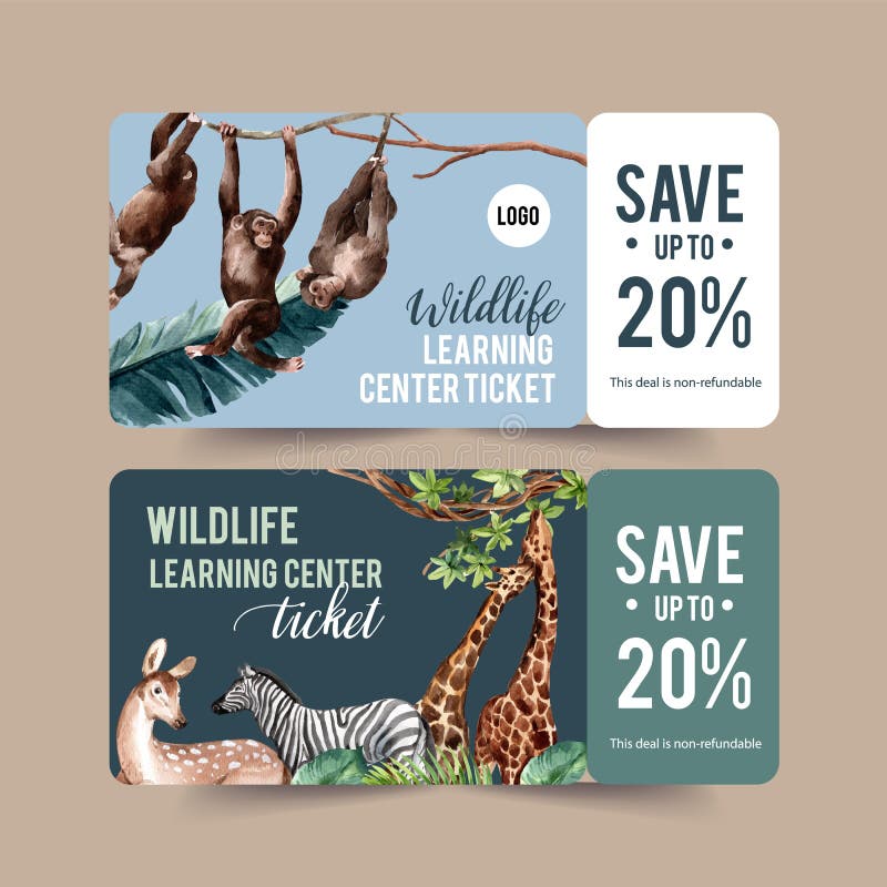 Zoo Ticket Design with Giraffe, Monkey Watercolor Illustration Stock ...