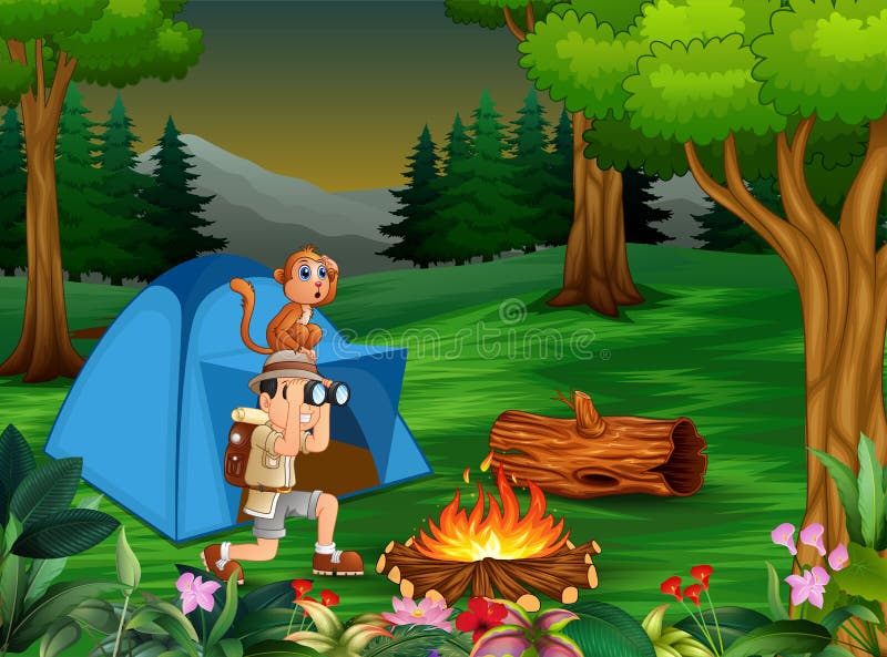 Zookeeper Boy and His Monkey Camping in the Dark Forest Stock Vector ...