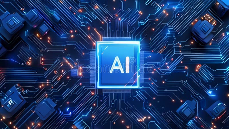 Zoom in of a Blue Circuit Board with Glowing Lights, Featuring with AI ...