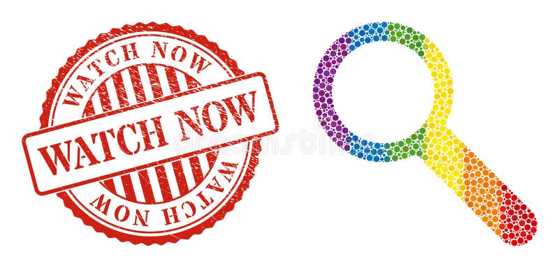 Scratched Watch Now Stamp and Spectrum Zoom Composition Icon of Spheric ...