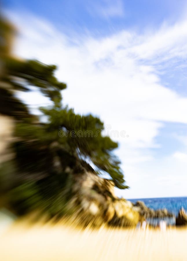 Zoom Effect on Coastal Landscape with Trees, Cliffs, and Beach Under ...