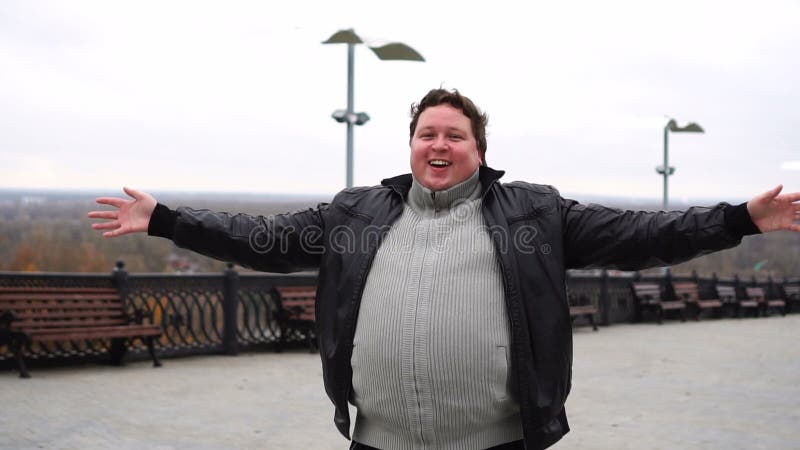 Zoom in Portrait of Fat Happy Man Looking at Camera and Standing with ...