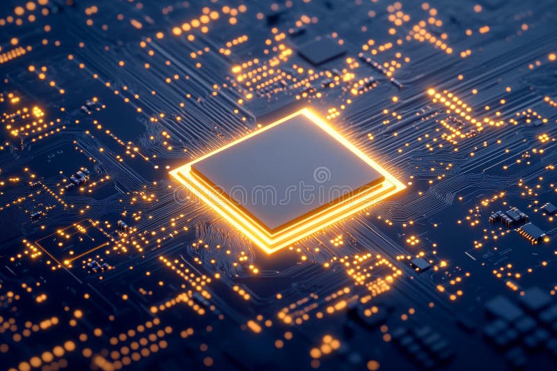 A Zoomed-in Image of a Dark Gray Circuit Board with Glowing Orange ...