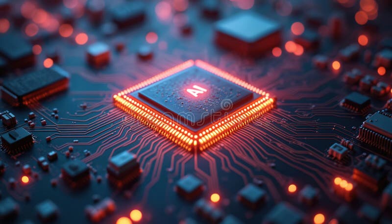 Zoomed-in Image Semiconductor Chip AI Technology. Glowing CPU, Circuit ...