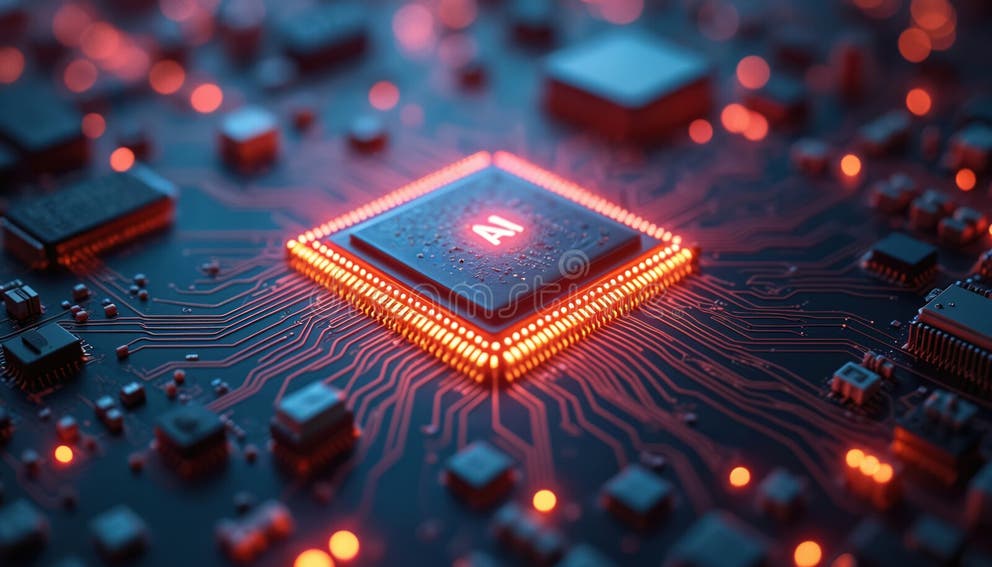 Zoomed-in Image Semiconductor Chip AI Technology. Glowing CPU, Circuit Board, Circuitry ...