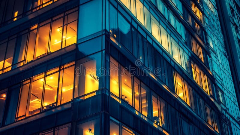 A Zoomed-in Shot of a High Apartment Building at Night, with the Warm ...