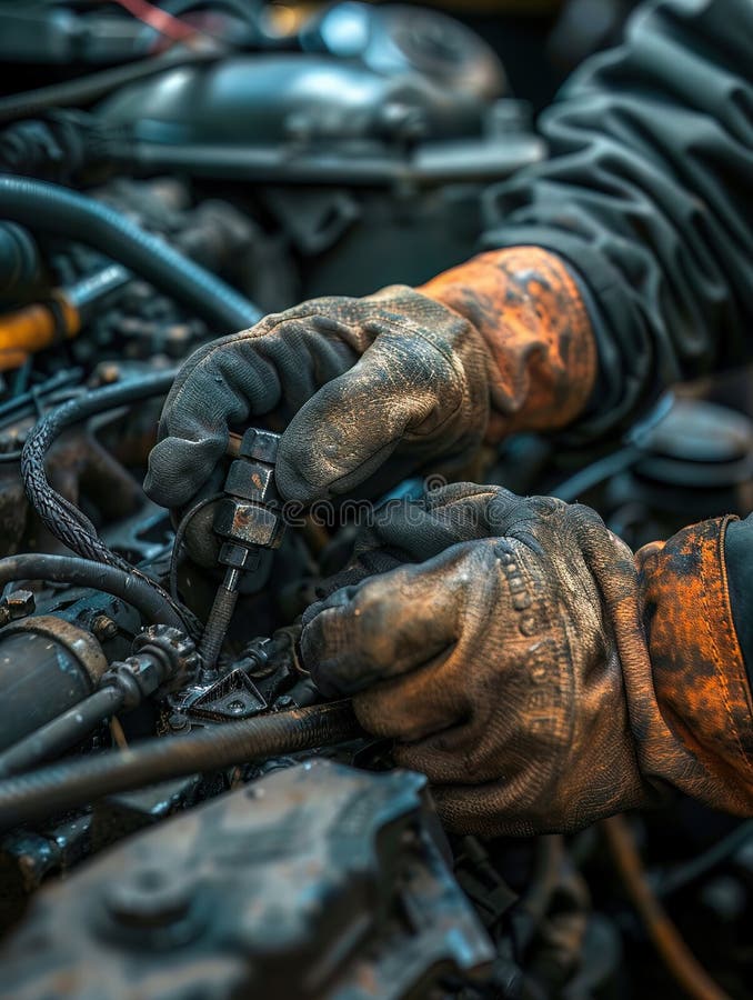 Zoomed in View of a Mechanic Hands Repairing an Engine Illustrating ...