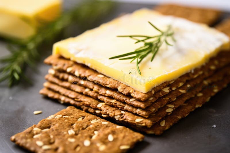 Zoomed View of Rye Cracker with Shredded Colby Cheese on it Stock ...