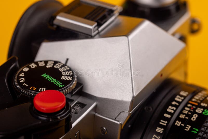 Zoomed-in View of a Vintage Camera, Showcasing the Iconic Red Shutter ...