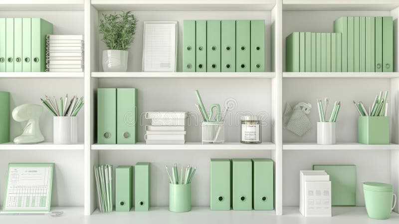 A Zoomed-in View of White Office Shelves Stocked with Assorted ...