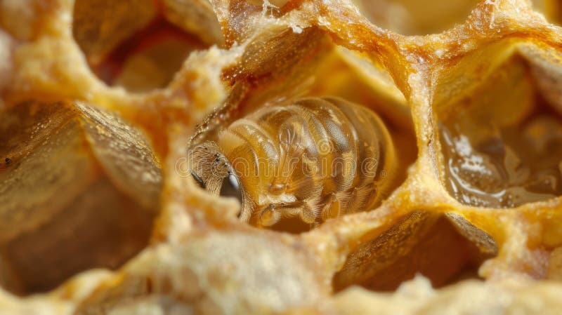 A Zoomedin Image of a Tiny Bee Larva Curled Up Inside Its Cell in a ...