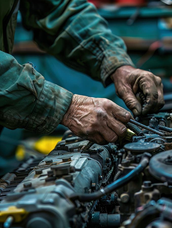 Zoomedin View of a Mechanica S Hands Repairing an Engine Illustrating ...