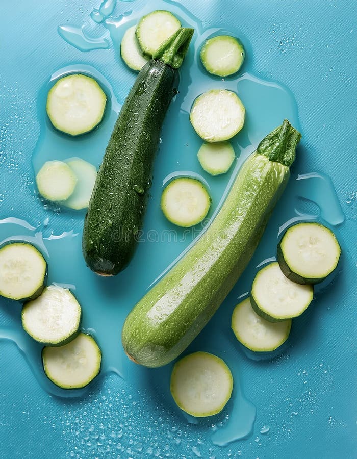Zucchini Floating on Blue Clear Water with Glittering Droplets Stock ...