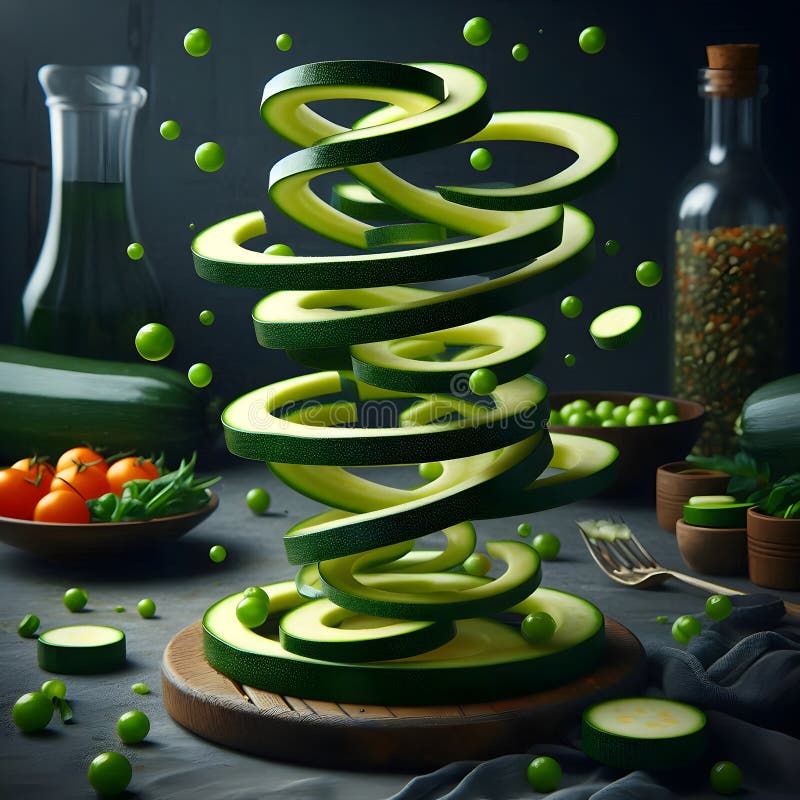 Zucchini Slices and Peas Floating in the Air, Creating a Visually ...