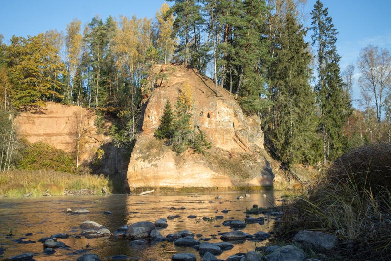 Zvartes Cliff on River Amata, Latvia with Sky Stock Image - Image of ...