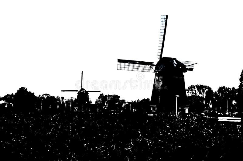 Zwart-wit Silhouet Van Nederlandse Windmolen Redactionele Stock ...