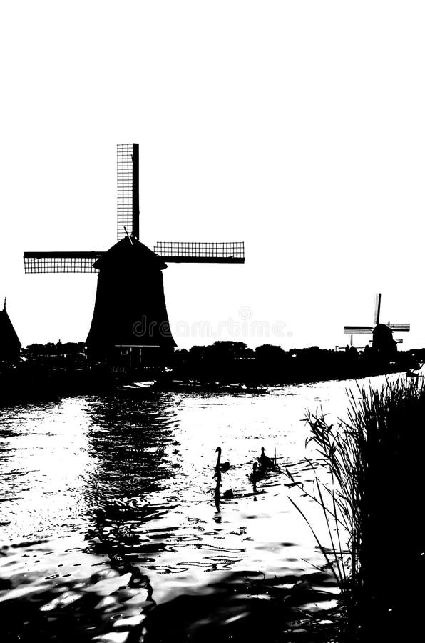 Zwart-wit Silhouet Van Nederlandse Windmolen Redactionele Foto ...