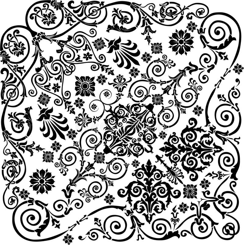 Zwarte Traditionele Krul En Bloemdecoratie Vector Illustratie ...