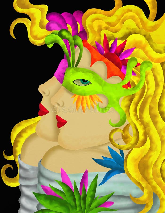 Zwei Gesichter mit Masken stock abbildung. Illustration von schablone ...