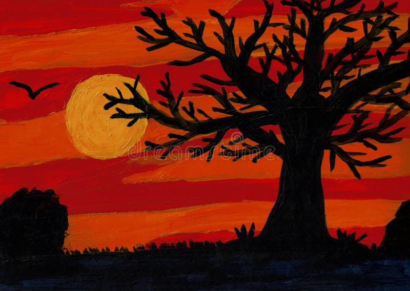 Árbol Extensamente Ramificado En Una Puesta Del Sol - Pintura De ... Árbol Extensamente Ramificado En Una Puesta Del Sol - Pintura De ...