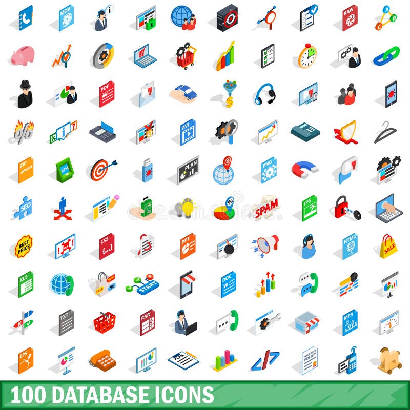 100 ícones Ajustados Do Base De Dados Estilo 3d Isométrico Ilustração