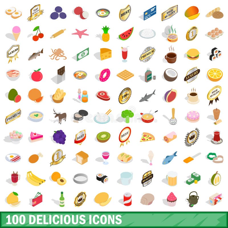 100 ícones Deliciosos Ajustados Estilo 3d Isométrico Ilustração Do