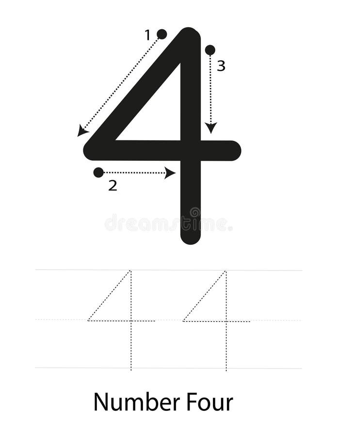 Number 4 Tracing Activity Black and White Sheet Stock Illustration - Illustration of simple ...
