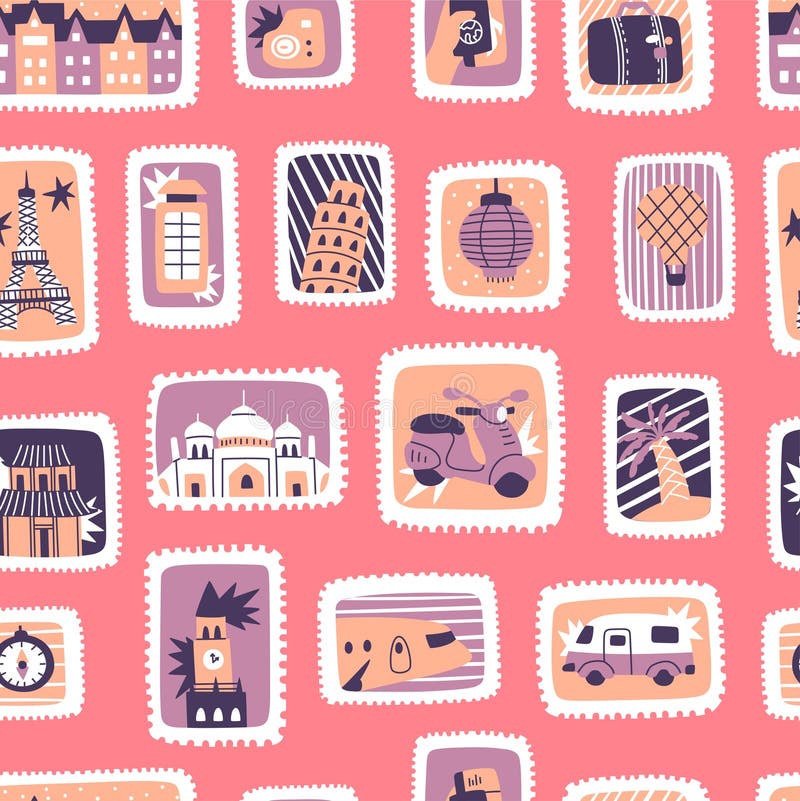 Seamless Pattern Stamps, Postage Stamp with Colorful Travel Elements. Hand Drawn Vector ...