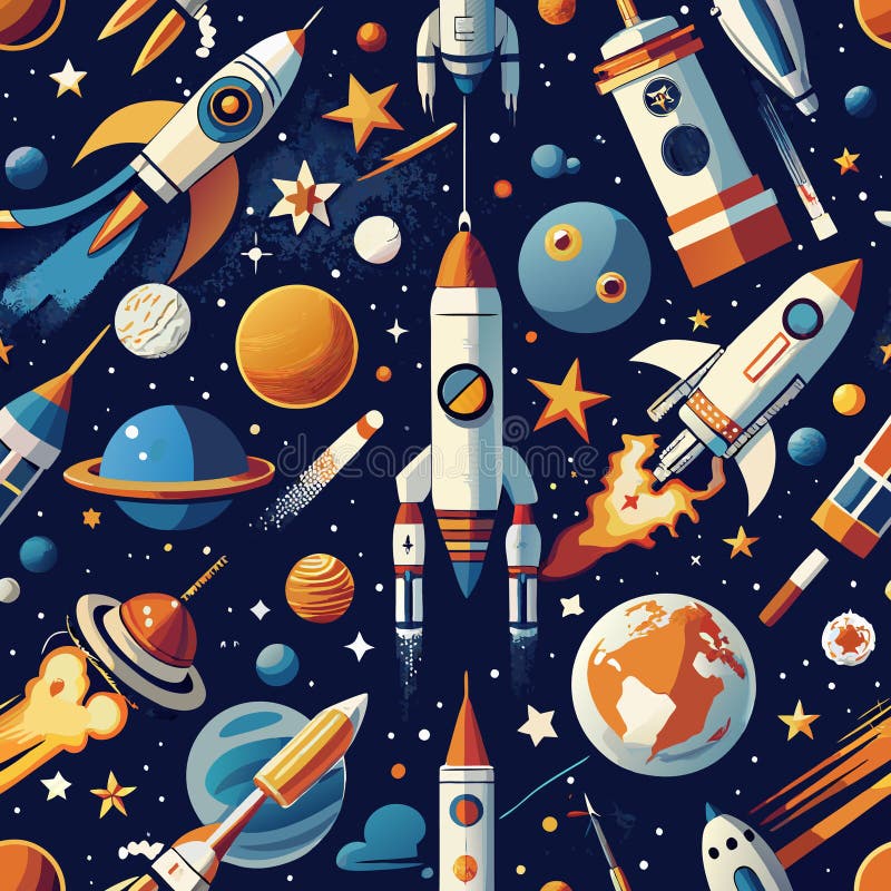A Seamless Pattern on the Theme of Astronautics, Drawn in a Hand-drawn Crayon Style. Stock ...