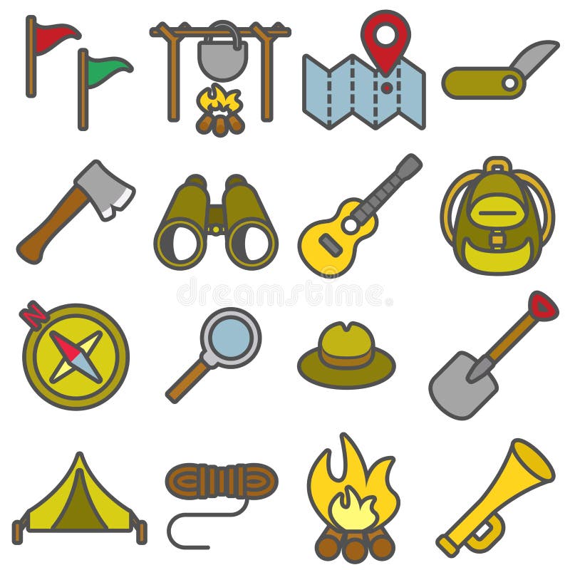 Boy Scouts Set Color Icons in Flat Style. Stock Vector - Illustration of tourist, campsite ...