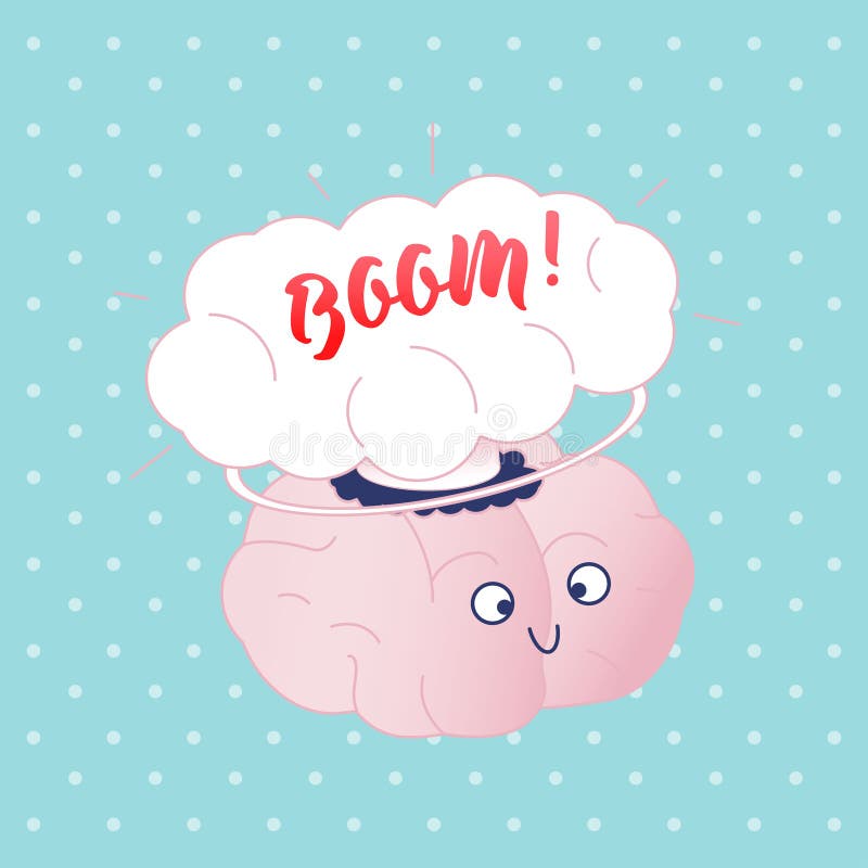 Cute Brain with Head Exploding on Blue Background. Boom Blast Cloud. Train Your Brain. Social ...