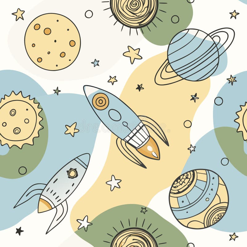 A Seamless Pattern on the Theme of Astronautics, Drawn in a Hand-drawn Crayon Style. Stock ...