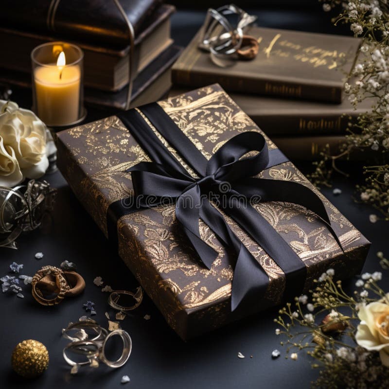 Classic Gift Box with Black Ribbon on Celebration Table Stock Illustration - Illustration of ...