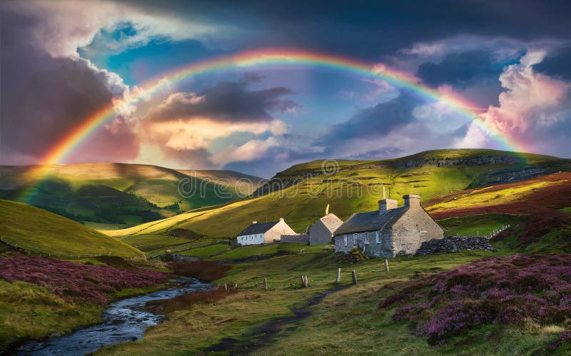 她在爱尔兰乡村画了一幅如画的风景画，上面是滚滚的绿色山丘，一道彩虹，横扫天空 库存例证 - 插画 包括有 成拱形的, 要素: 327293075