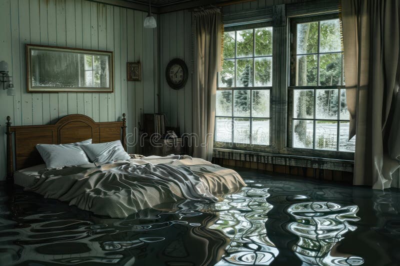 被水淹的卧室内部，水平可达窗户. 高分辨率照片捕捉温暖舒适的氛围 库存图片 - 图片 包括有 设计, 最高限额: 327170545
