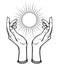 Human Hands Hold a Symbol of the Shining Sun. Stock Vector ...