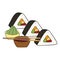 A Set of Triangular Shaped Sushi with Sauce and Wasabi and Chopsticks ...