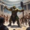 A Thrall Orc Gladiator in a Crowded Coliseum Screaming with an Ax in ...
