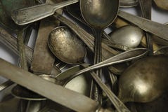 Assorted Tarnished Antique Flatware On White Stock Photo - Image of ...