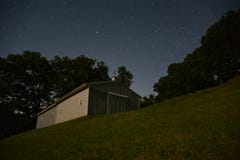Moonlit Barn With Stars And Clouds In Winter Stock Photo - Image of ...