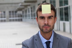 Post it note on forehead stock photo. Image of female - 22052002