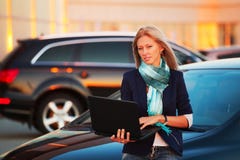 Laptop Woman In Car Royalty Free Stock Photography - Image: 19412797