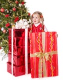 Child Holding Gift Box By Christmas Tree. Stock Photo - Image of human ...