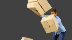 Clumsy Man Dropping Boxes Over On White Screen Stock Video - Video of ...