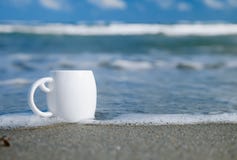 White Espresso Coffee Cup With Ocean , Beach And Seascape Stock Photo ...