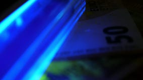 Checking Bills With Uv Light. Dollars Under Ultraviolet. Stock Video ...