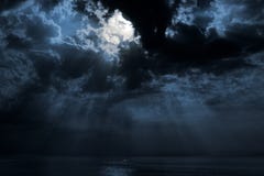 Stormy Sea At Night With Dramatic Sky And The Big Moon Royalty Free ...