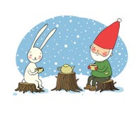 The Gnome And The Hare Drink Tea In The Forest. Elf And Rabbit On A ...